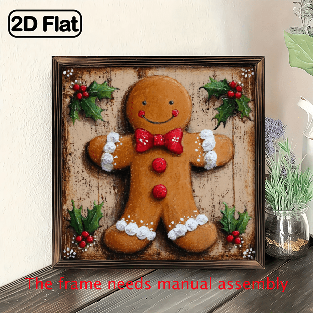 2D Flat, 1pc Rustic Gingerbread for Wall Art with Bow Tie Holly - Wood ...