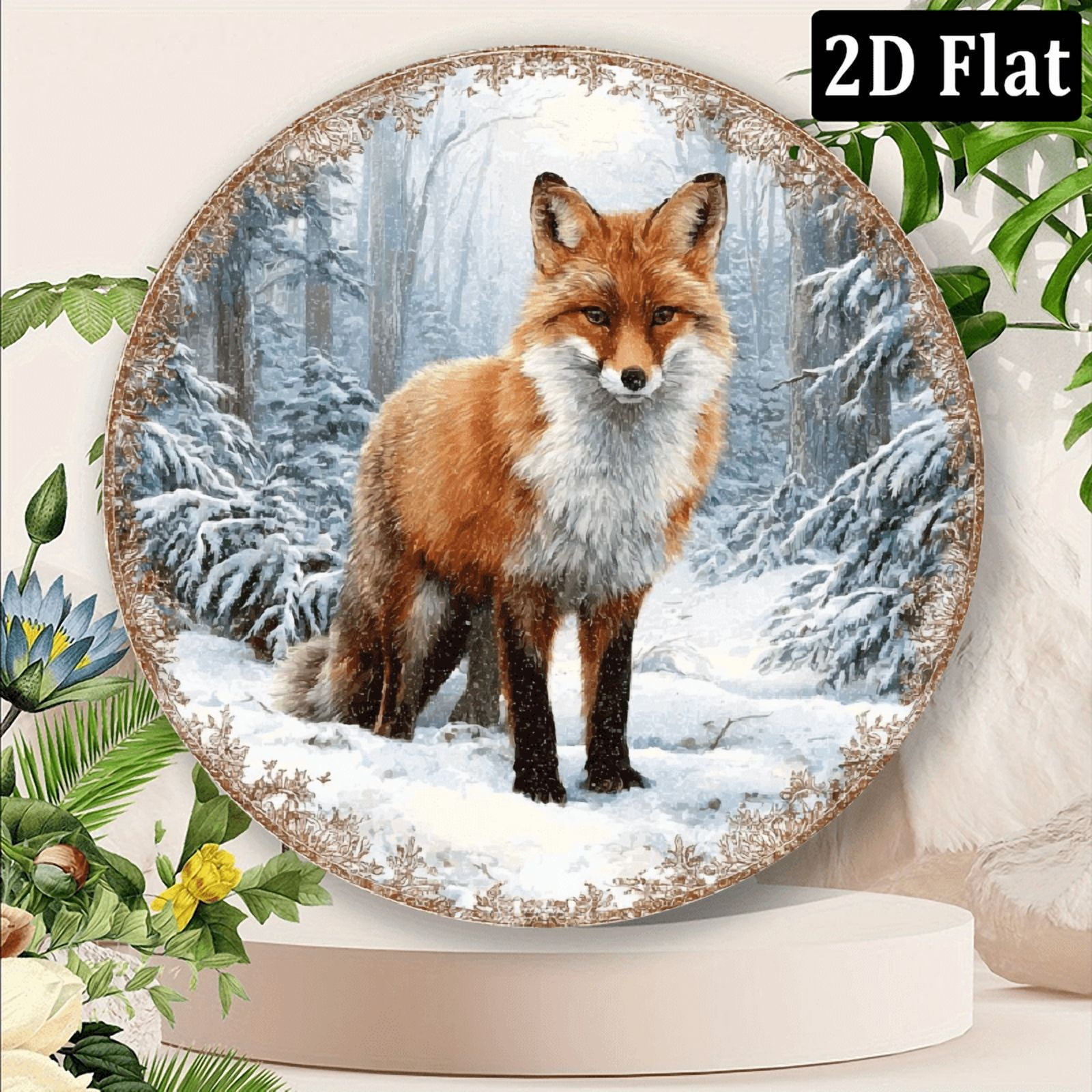 2D Flat, 1pc Rustic Red Fox Winter Theme Round Sign, 8x8 inches Home ...