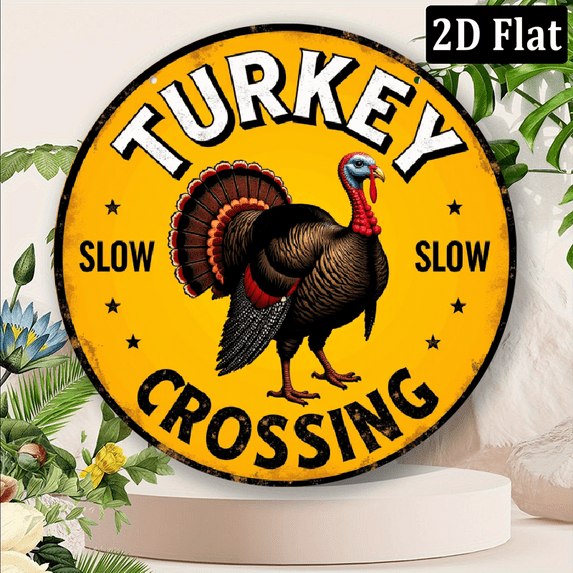 2D Flat, 1pc, Rustic Round Metal Sign, Turkey Slow Crossing Feathered ...