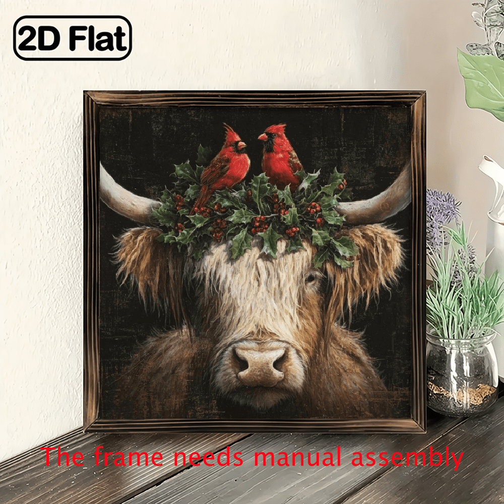 2D Flat, 1pc Rustic Scottish Highland Cow Red Cardinals Wall Art with ...