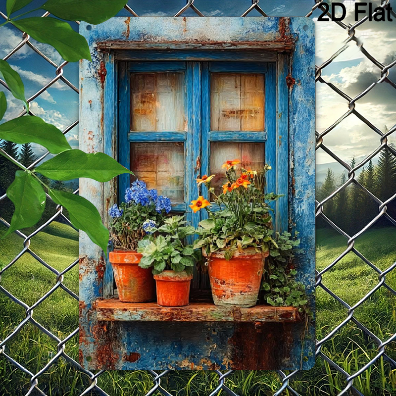 2D Flat, 1pc Rustic Window Sill Floral Design with Blue Shutters Potted ...
