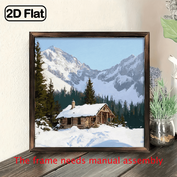 2D Flat, 1pc Rustic Winter Snowy Mountain Cabin Wood Panel Wall Art ...