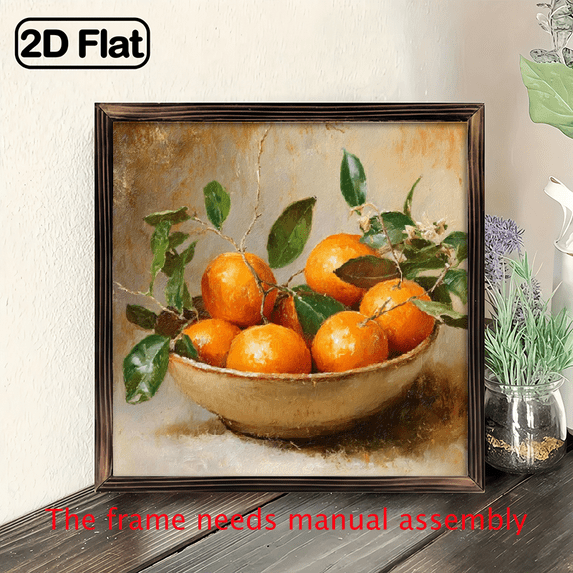 2D Flat, 1pc Rustic Wood Frame Still Life Orange Painting Wall Art ...