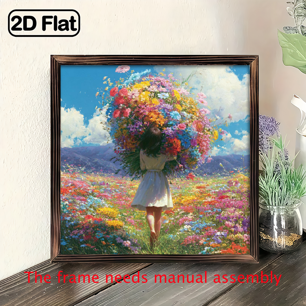 2D Flat - 1pc Rustic Wood Framed Wall Art - Charming Girl with Floral ...