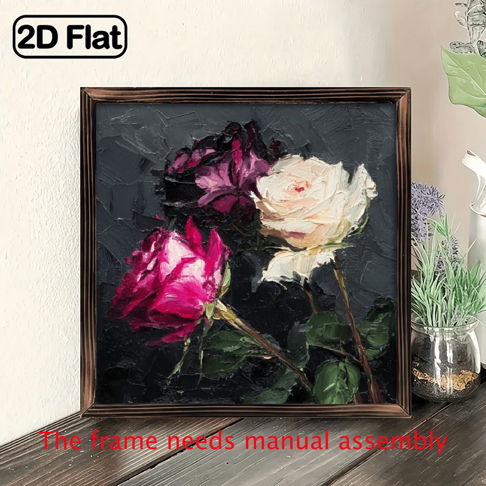 2D Flat, 1pc Rustic Wooden Framed Oil Painting - Classic Roses ...