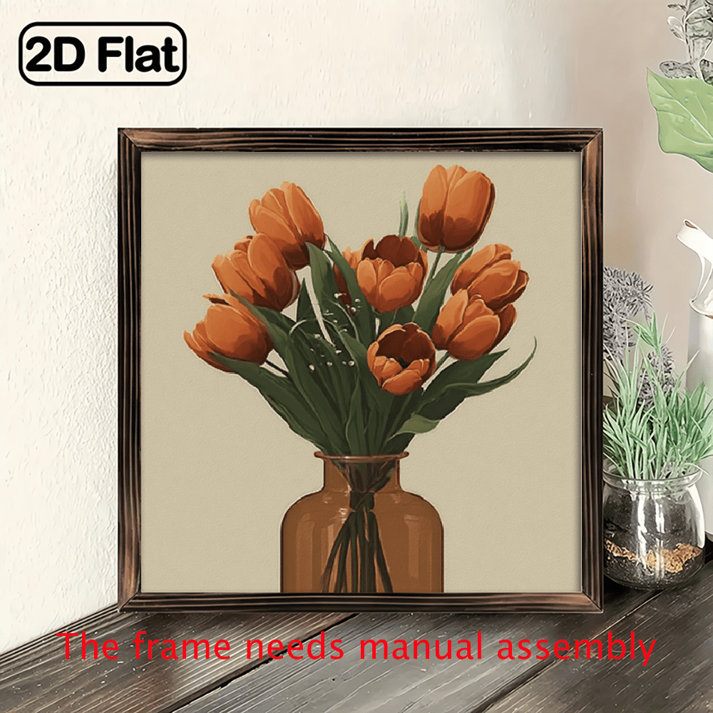 2D Flat, 1pc Rustic Wooden Framed Tulip Bouquet Wall Art - 8x8 Inch ...