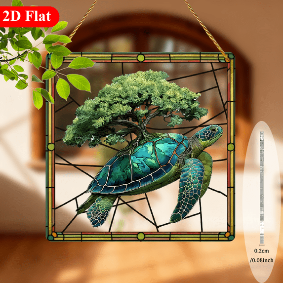2D Flat, 1pc Sea Turtle with Tree on Shell Acrylic Sun Catcher - 8x8 ...