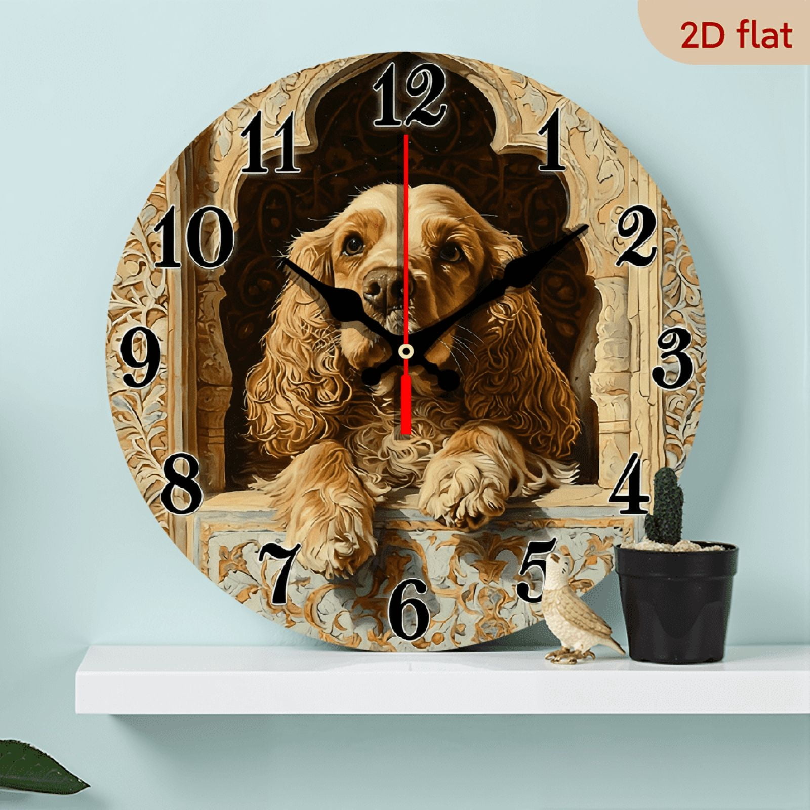 2D Flat, 1pc, Silent Non-Ticking Wooden Wall Clock with Cocker Spaniel ...