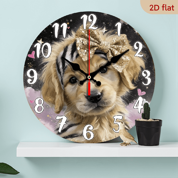 2D Flat, 1pc, Silent Non-Ticking Wooden Wall Clock - Cute Puppy with ...