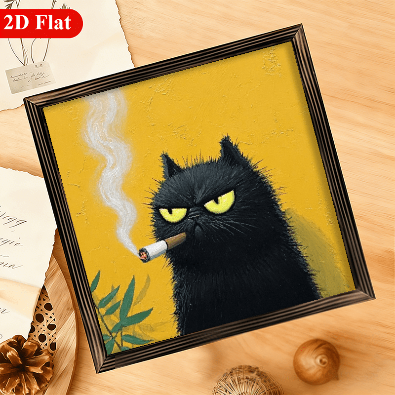 2D Flat, 1pc Smoking Black Cat Smoking Wall Art - Vintage Wooden Framed ...