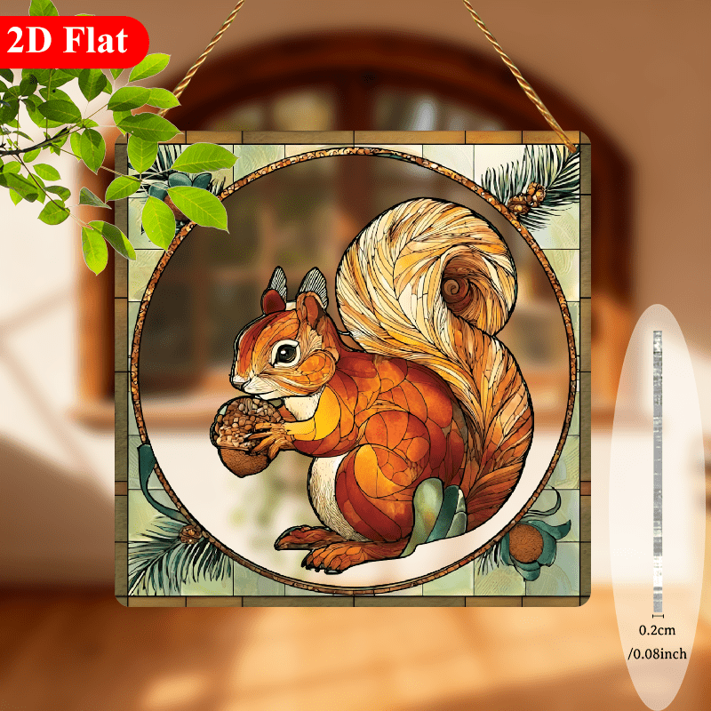 2D Flat, 1pc Squirrel holding acorn with leaves acrylic sun catcher ...
