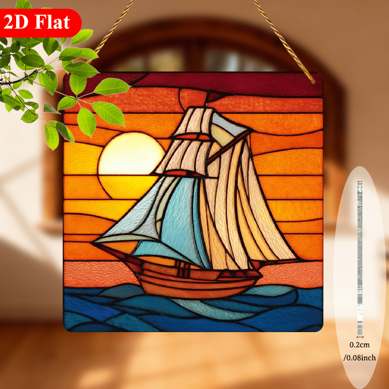2D Flat, 1pc Sunset Sailboat Acrylic Suncatcher - 8x8Inch - Vibrant ...