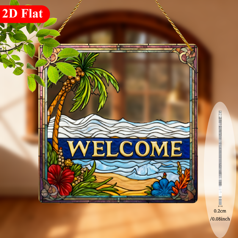 2D Flat, 1pc Tropical Beach Welcome Suncatcher Sign - 8 Inch Square ...