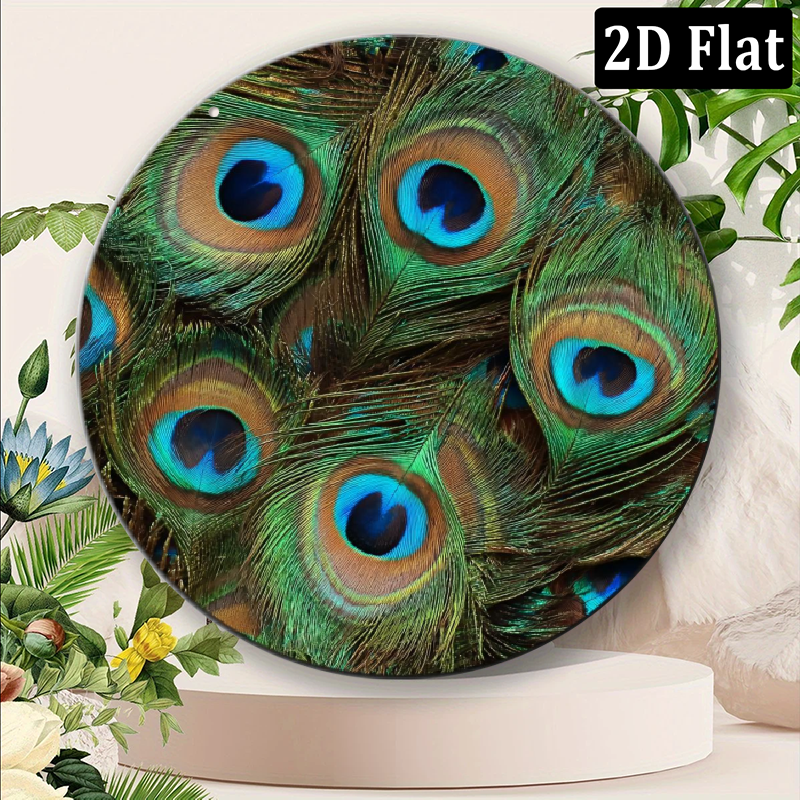 2D Flat, 1pc Vibrant Peacock Feather Round Metal Sign, 8x8 inch ...