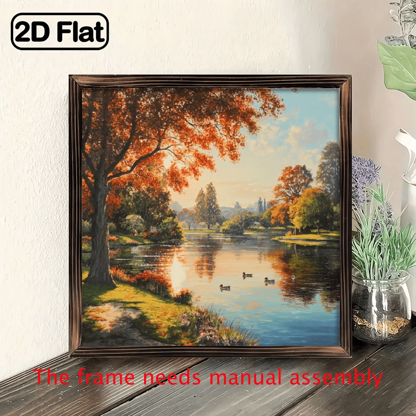2D Flat, 1pc Vintage Autumn Lake Landscape Wooden Wall Art - 8x8 Inch ...