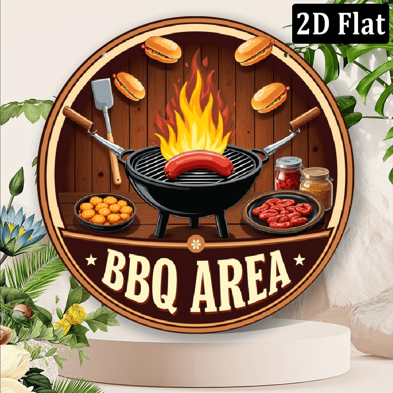 2D Flat, 1pc, Vintage BBQ Theme Metal Sign, 8x8 inch Round Iron Wall ...
