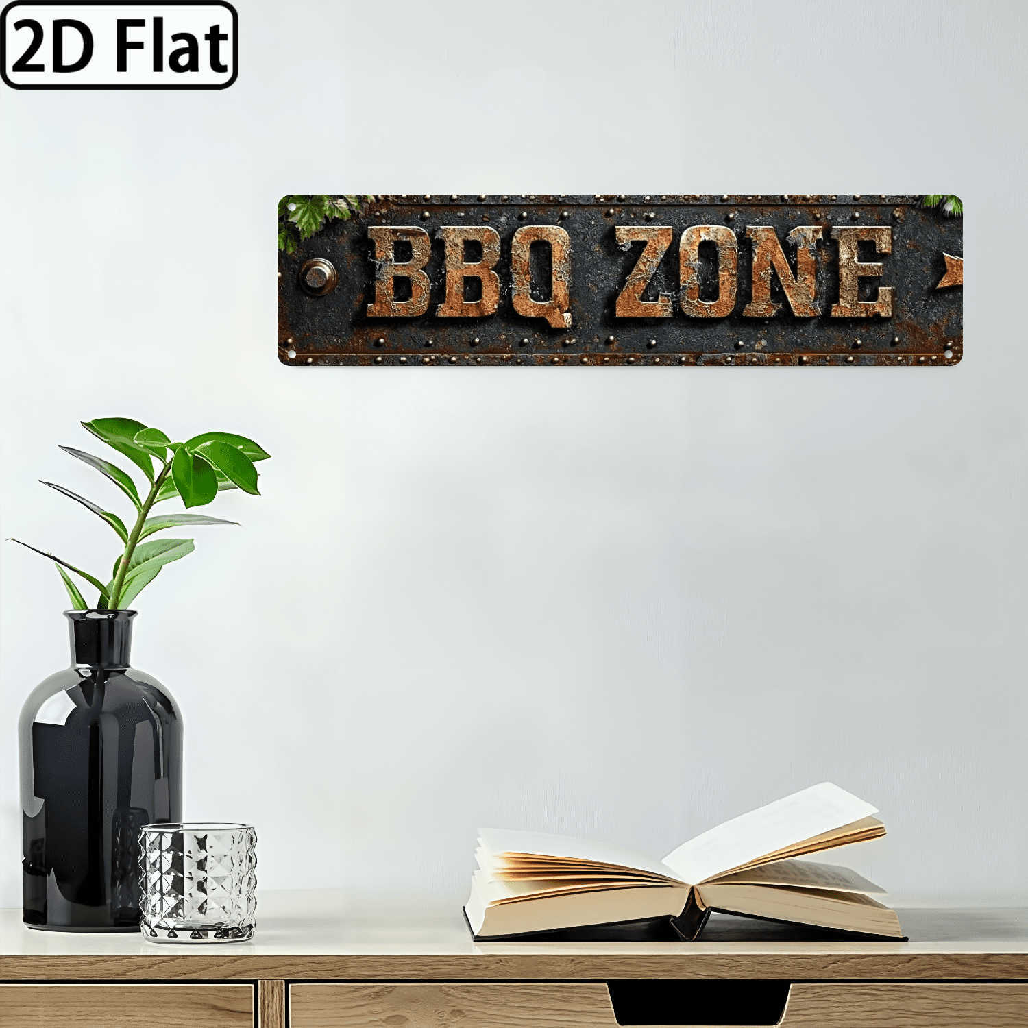 2D Flat, 1pc Vintage BBQ ZONE Metal Sign - Rustic Iron Wall Art 4x16 ...