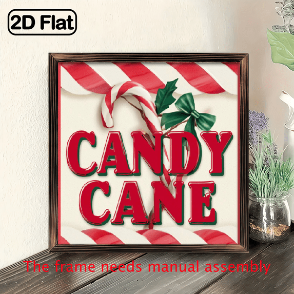 2D Flat, 1pc Vintage Candy Cane Wooden Framed Sign - 8x8 Inch Christmas ...