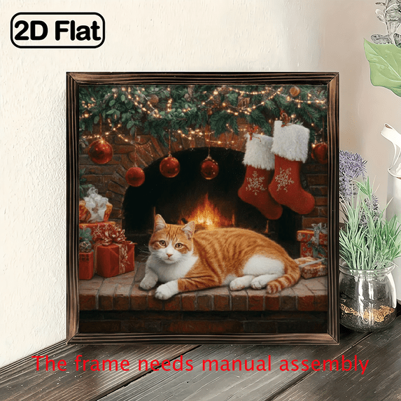 2D Flat, 1pc Vintage Christmas Cat by the Fireplace Wooden Framed Sign ...