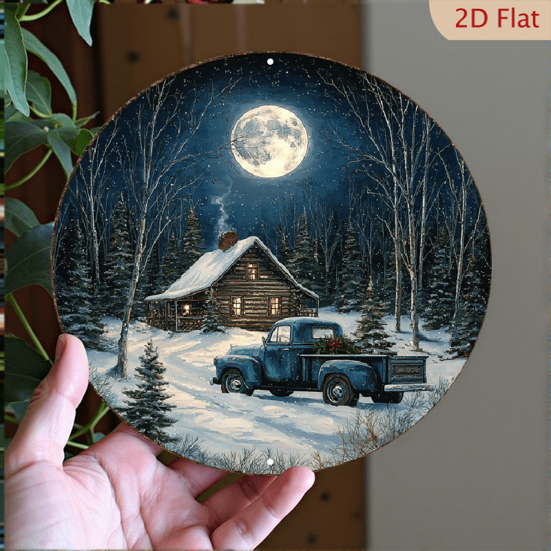 2D Flat, 1pc Vintage Christmas Eve Truck Winter Scene Round Aluminum ...