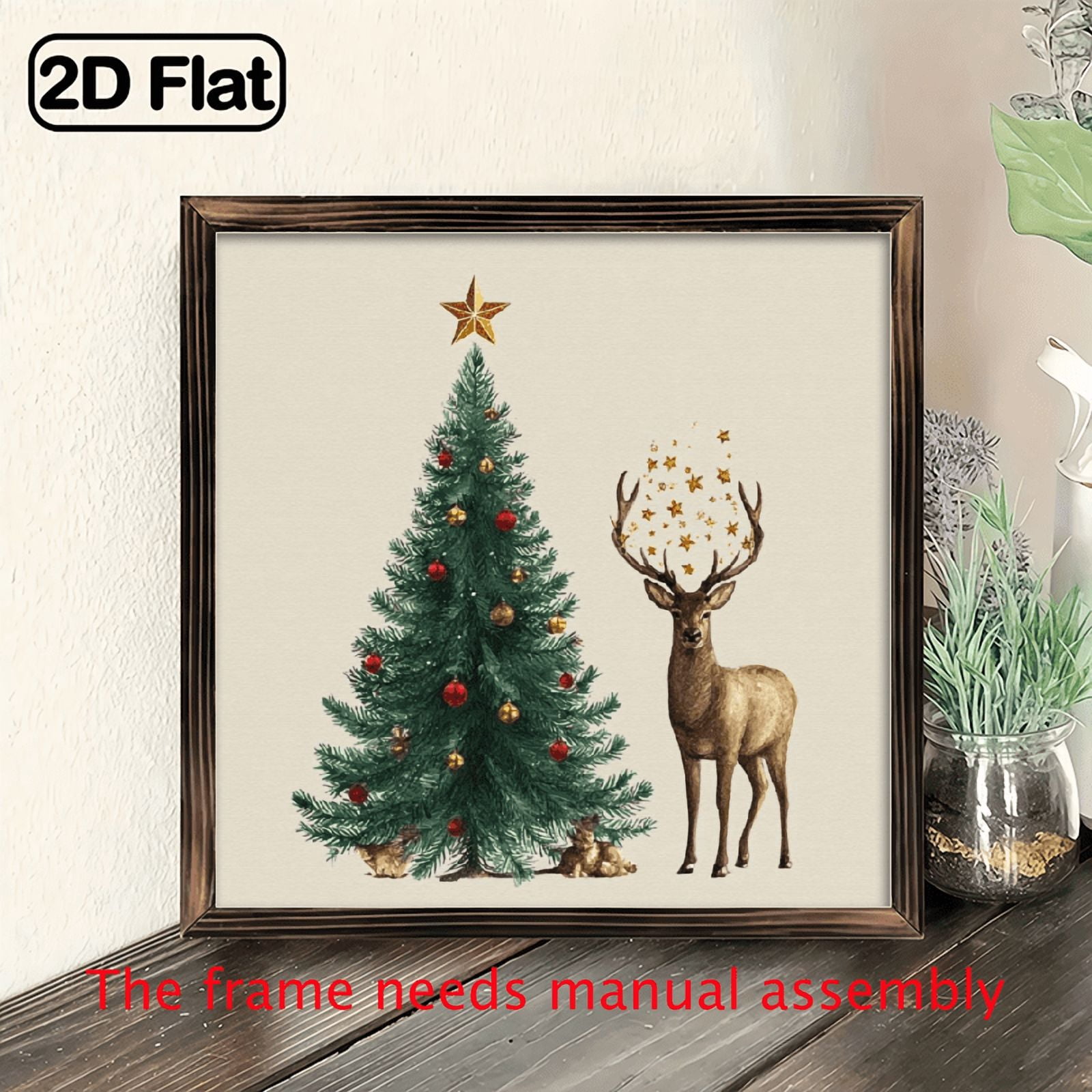 2D Flat, 1pc Vintage Christmas Tree Deer Wooden Framed Sign - 8x8 Inch ...