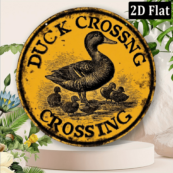 2D Flat, 1pc Vintage Duck Crossing Metal Sign - 8x8 Inch Round Aluminum ...