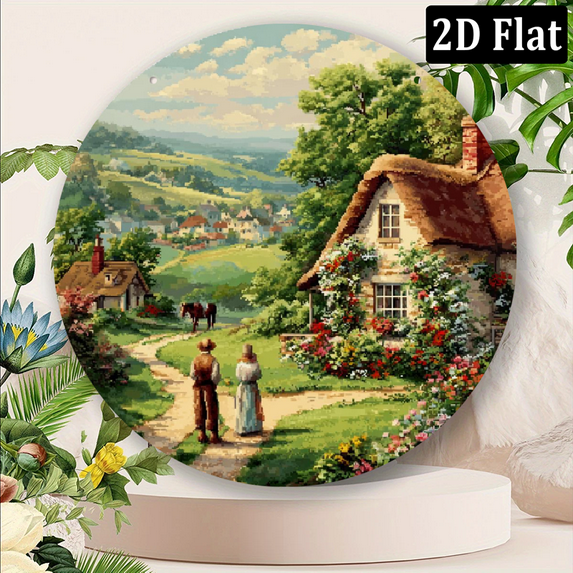 2D Flat, 1pc Vintage Farmhouse Landscape Round Metal Sign 8 Inch - 2D ...