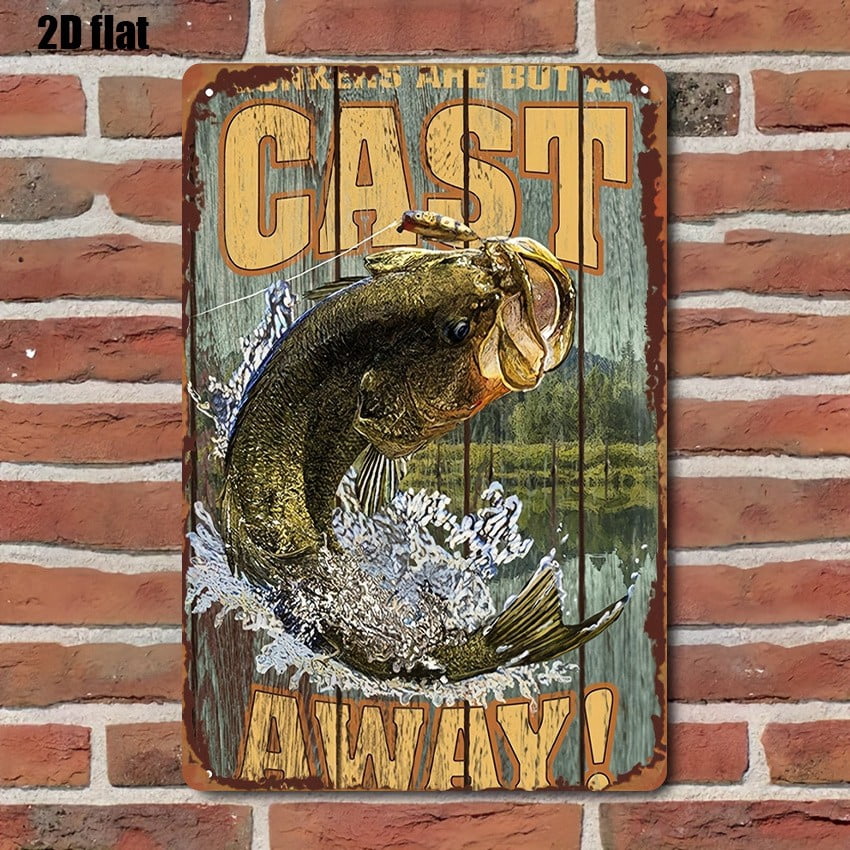 2D Flat, 1pc Vintage Fishing Wall Art Tin Metal Signs Home Décor Large ...