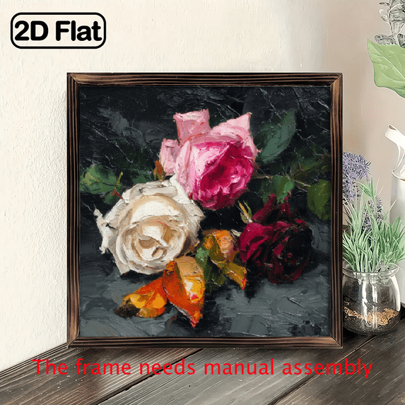 2D Flat, 1pc Vintage Floral Wall Art - Pink Roses Greenery on Dark ...