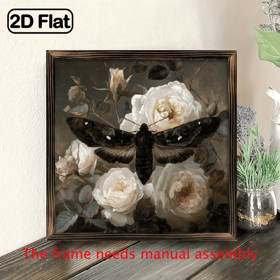 2D Flat, 1pc Vintage Framed Moth Dark Plants, Retro Farmhouse Wall ...