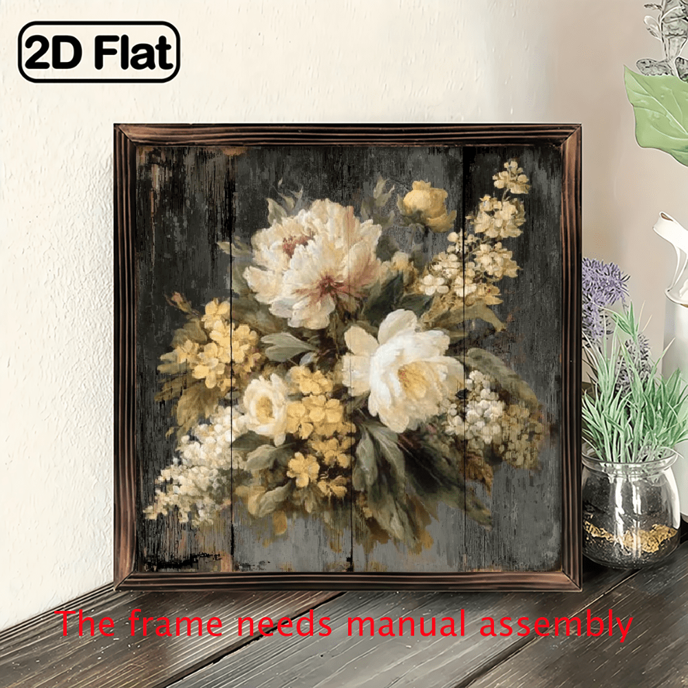 2D Flat - 1pc Vintage Hydrangea Leaf Wall Decor - Wooden Frame Plant ...