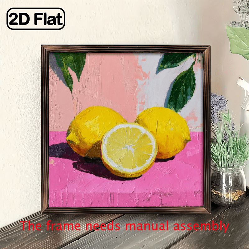 2D Flat, 1pc Vintage Lemon on Pink Wooden Frame Wall Art - 8x8 Inch ...