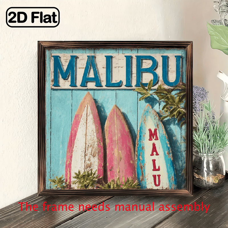 2D Flat, 1pc Vintage Malibu Surfboards Wooden Frame Sign - Rustic Beach ...