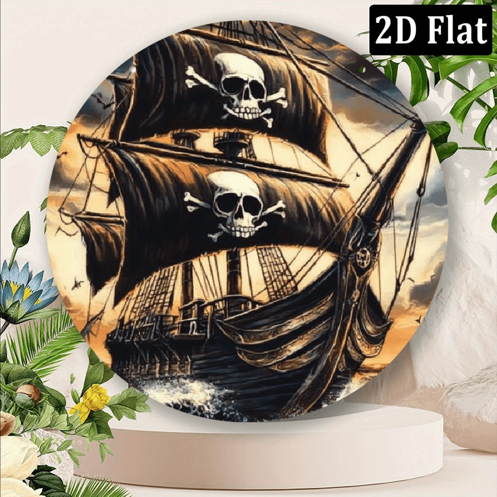 2D Flat, 1pc Vintage Nautical Pirate Ship Round Metal Wall Art 8*8 Inch ...