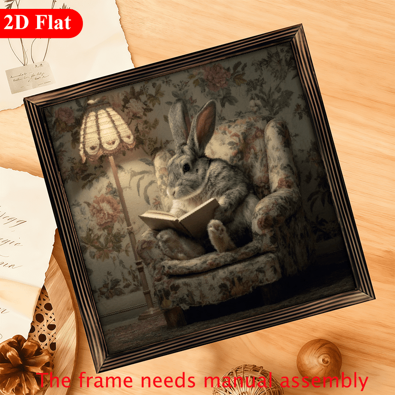 2D Flat, 1pc Vintage Rabbit Reading Wooden Framed Sign - 12x12inch ...