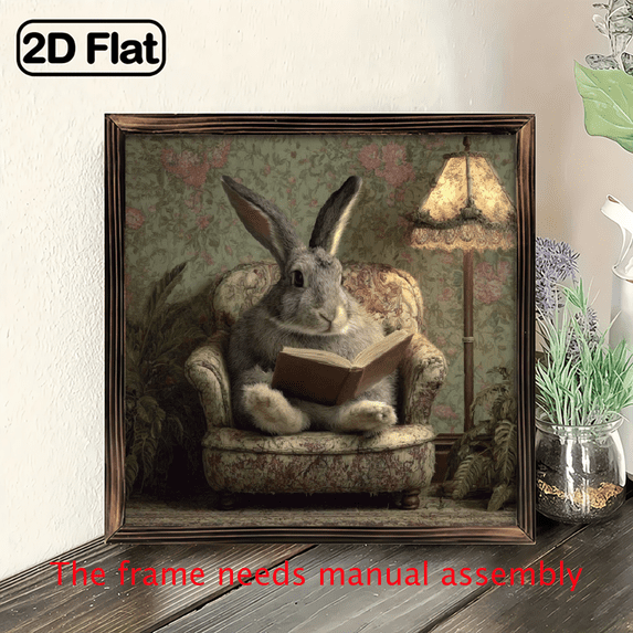 2D Flat, 1pc Vintage Rabbit Reading Wooden Framed Sign - 8x8 Inch ...