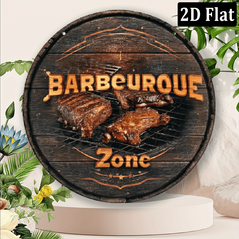 2D Flat, 1pc Vintage Retro Barbecue Zone Metal Sign - Round Aluminum ...