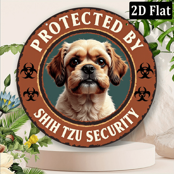 2D Flat 1pc Vintage Round Warning Sign, Humorous Shih Tzu Security ...