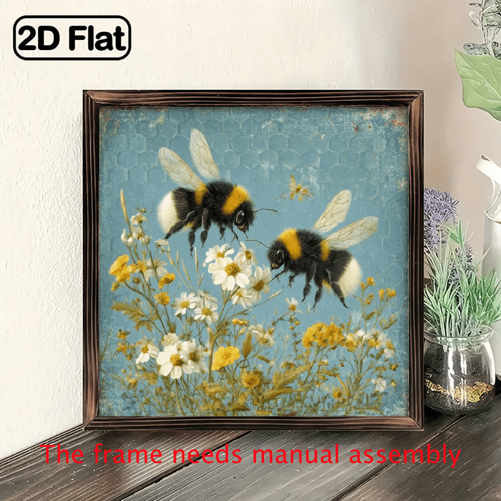 2D Flat - 1pc Vintage Rustic WoodFrame Sign Bees collecting honey ...