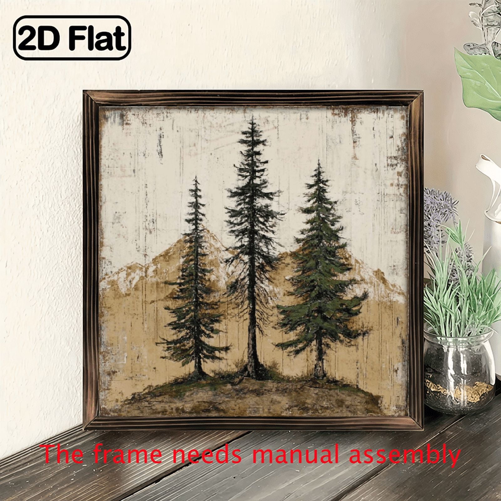 2D Flat, 1pc Vintage Rustic Wooden Framed Wall Art - 8x8 Inch Pine Tree ...