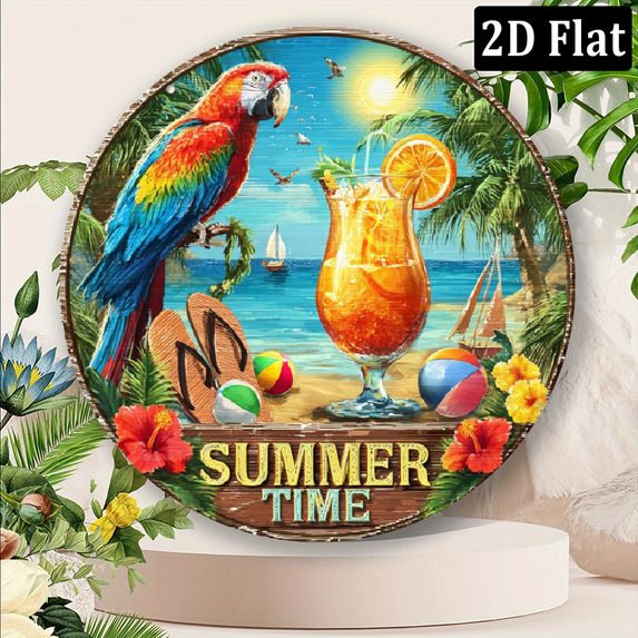 2D Flat, 1pc Vintage Summer Beach Parrot Aluminum Sign, 8x8 inches ...