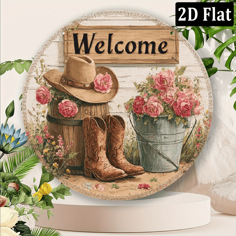 2D Flat, 1pc Vintage Western Welcome Metal Sign - Rustic Cowboy Boots ...