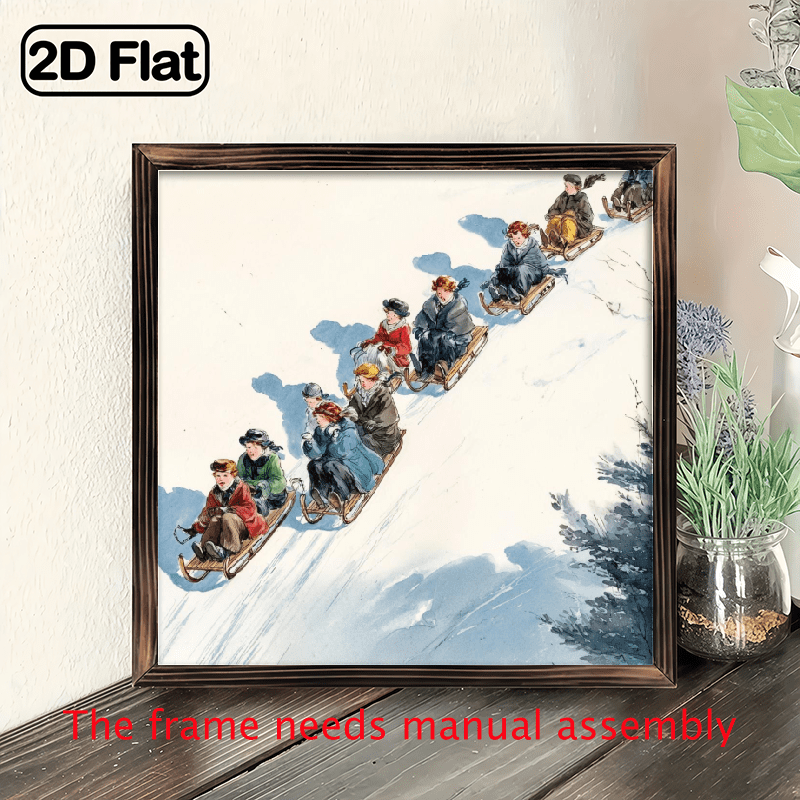 2D Flat, 1pc Vintage Winter Sledding Watercolor Wooden Framed Sign ...