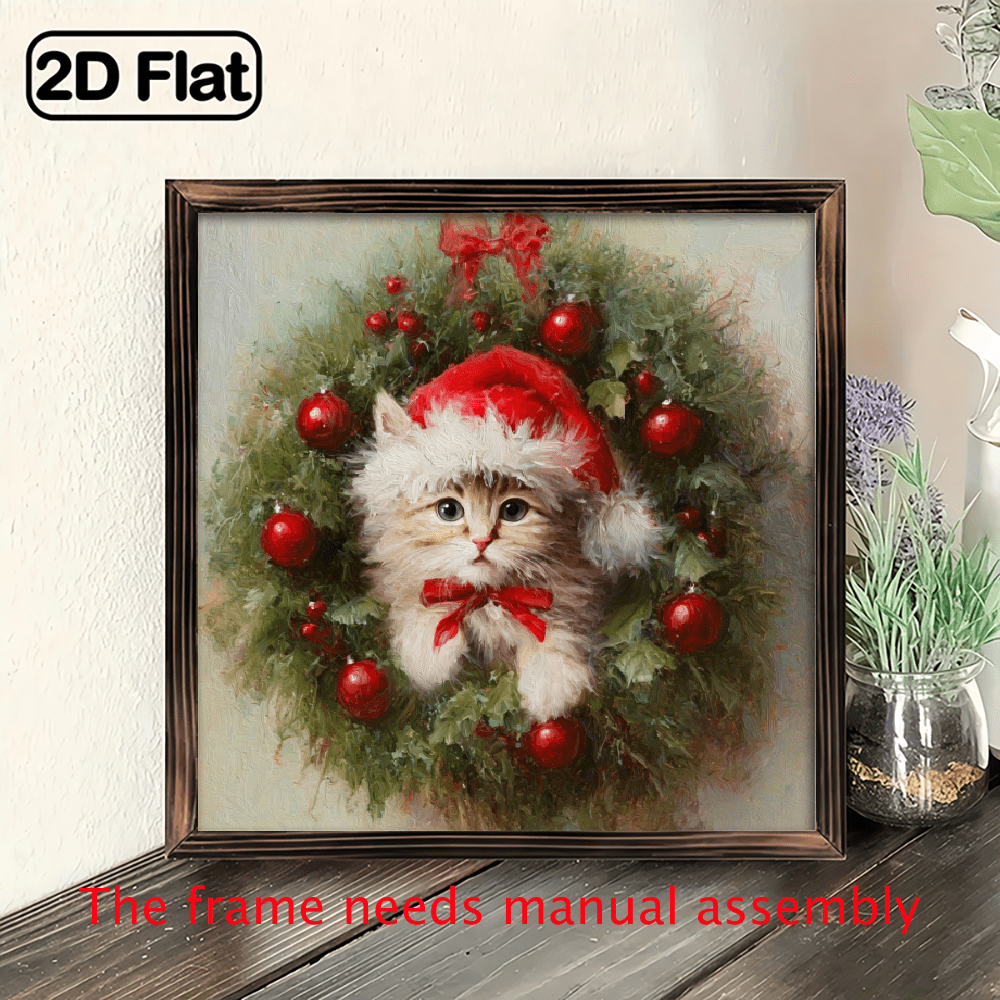 2D Flat, 1pc Vintage Wooden Framed Kitten in Christmas Wreath Wall ...