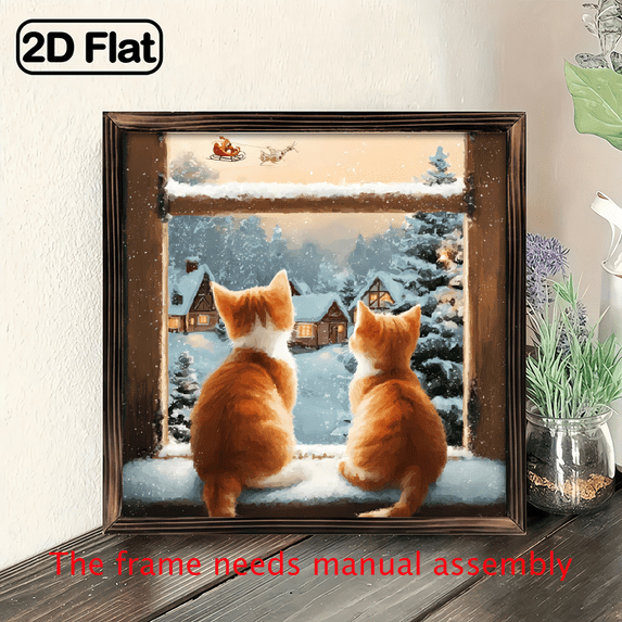 2D Flat, 1pc Vintage Wooden Framed Wall Art - Two Orange Tabby Kittens ...