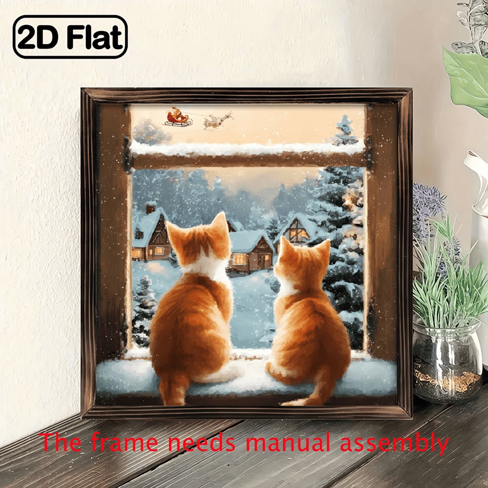 2D Flat, 1pc Vintage Wooden Framed Wall Art - Two Orange Tabby Kittens ...