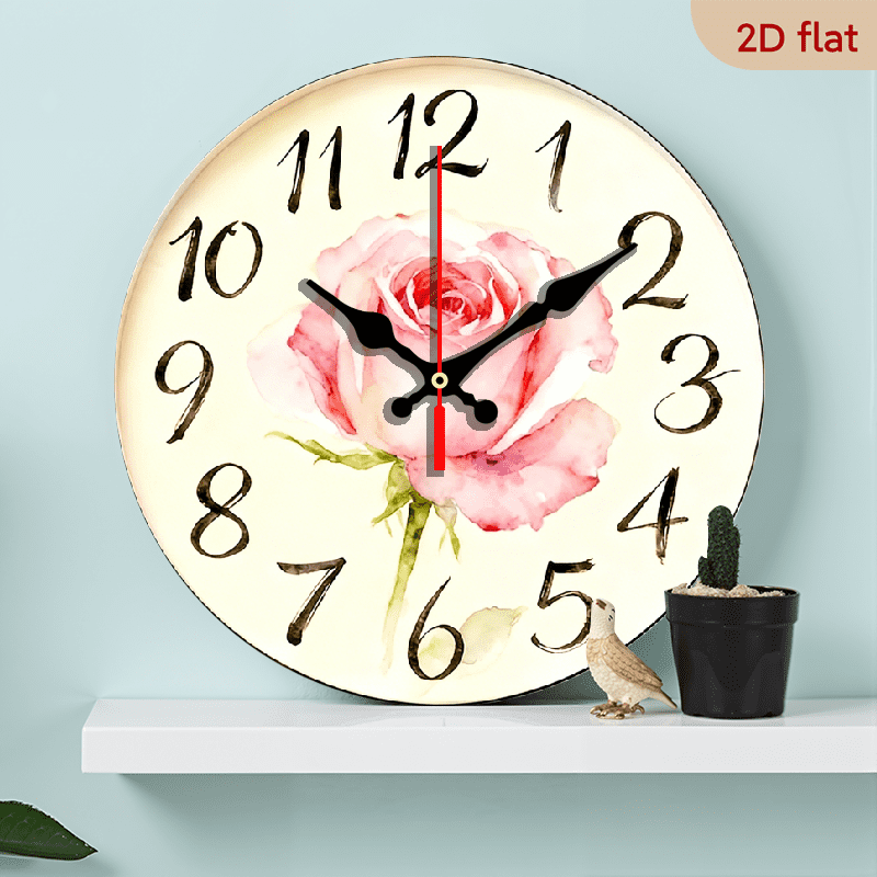2D Flat 1pc Watercolor Rose Art Wooden Clock - 10 Inch Round Wall Clock ...