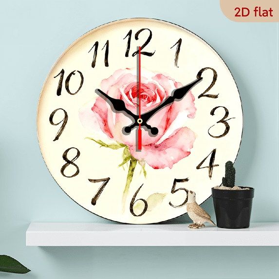 2D Flat 1pc Watercolor Rose Art Wooden Clock - 10 Inch Round Wall Clock ...