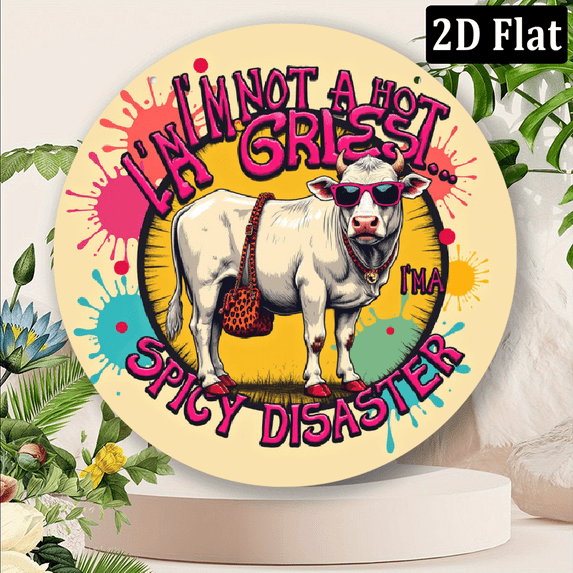 2D Flat, 1pc Whimsical Cow in Pink Outfit 8x8inRound Metal Sign - I'm ...