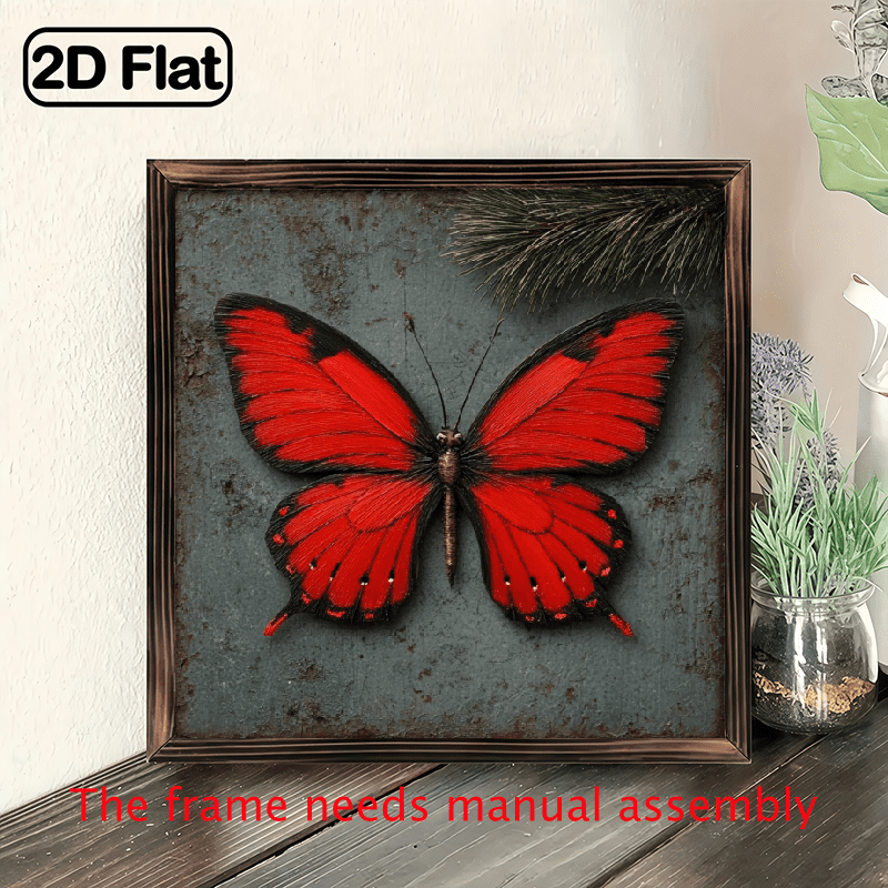 2D Flat, 1pc, Whimsical Farmhouse Decorative Sign Red Butterfly Painting Art Wooden Sign ...